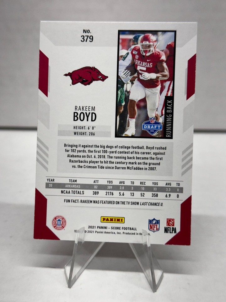 2021 Panini Score Football #379 Rakeem Boyd RC Arkansas Razorbacks ...
