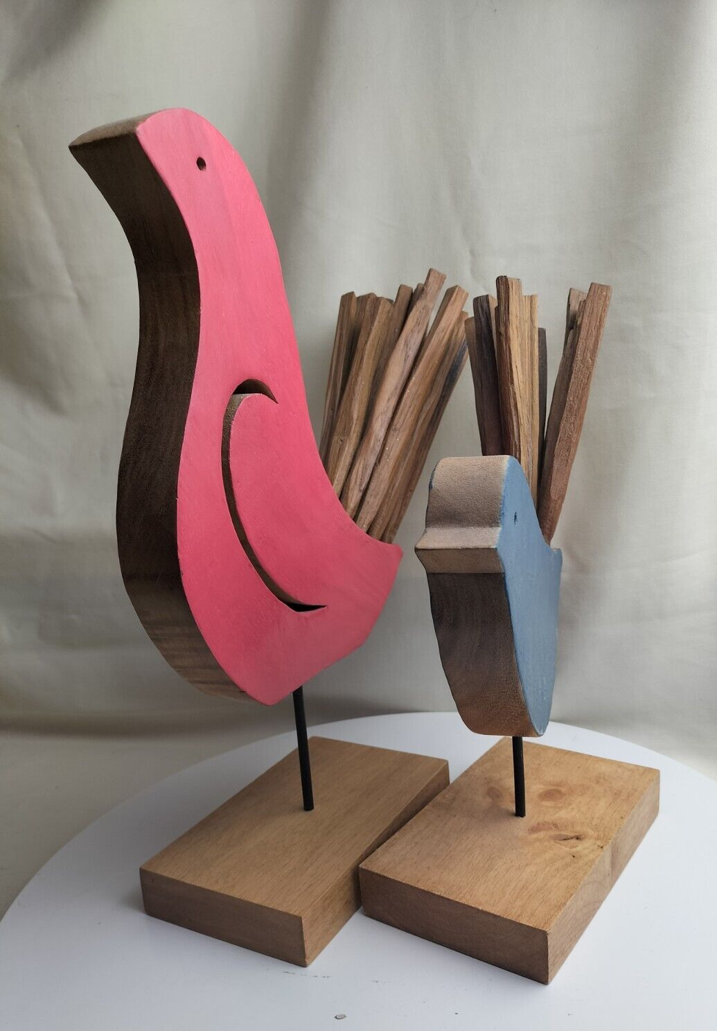 wooden partridge and sparrow decor items, blue & salmon, retro look | eBay