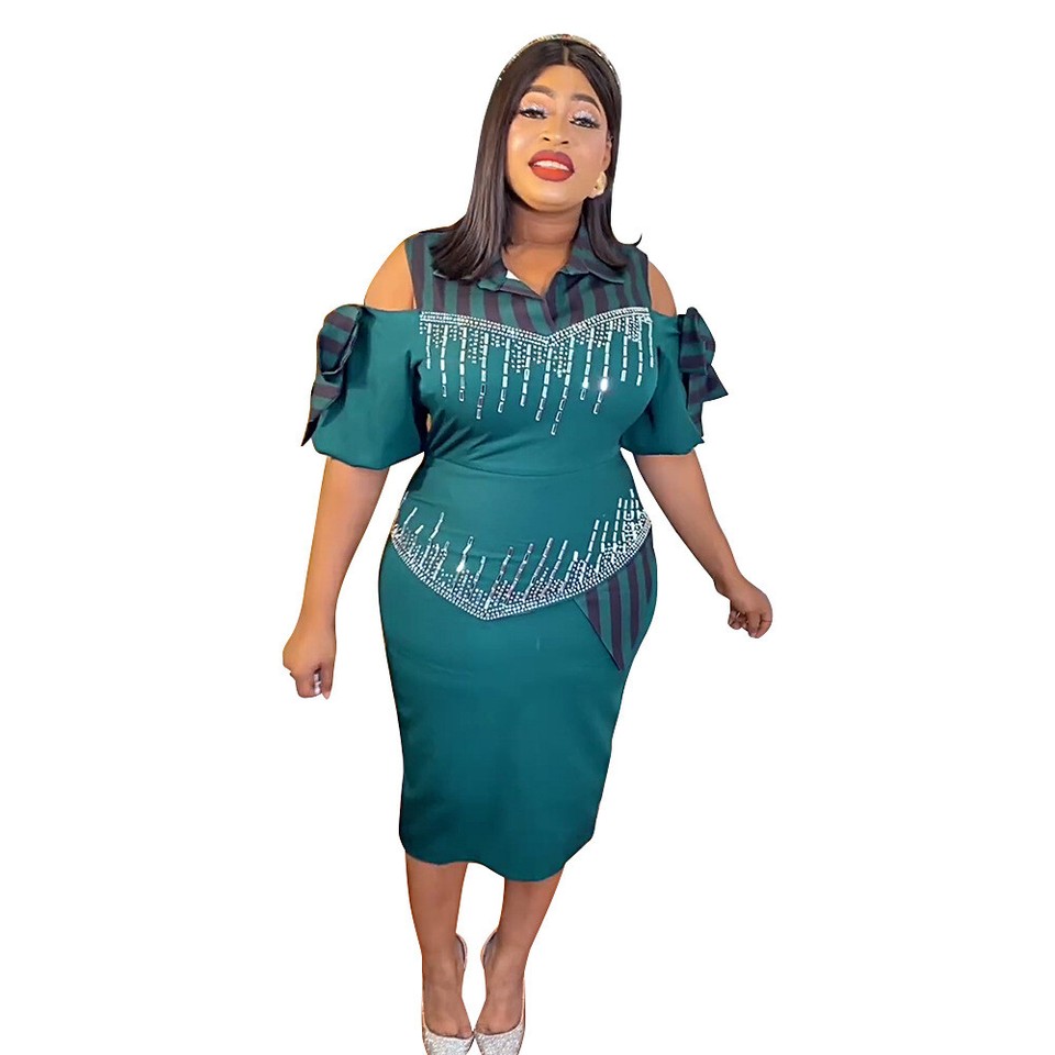 African Dashiki Women Abaya Party Rhinestone Bodycon Maxi Dress Evening ...