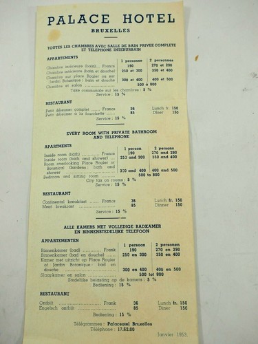 Palace Hotel Brussels Belgium In Room Rate Card January 1953 | eBay