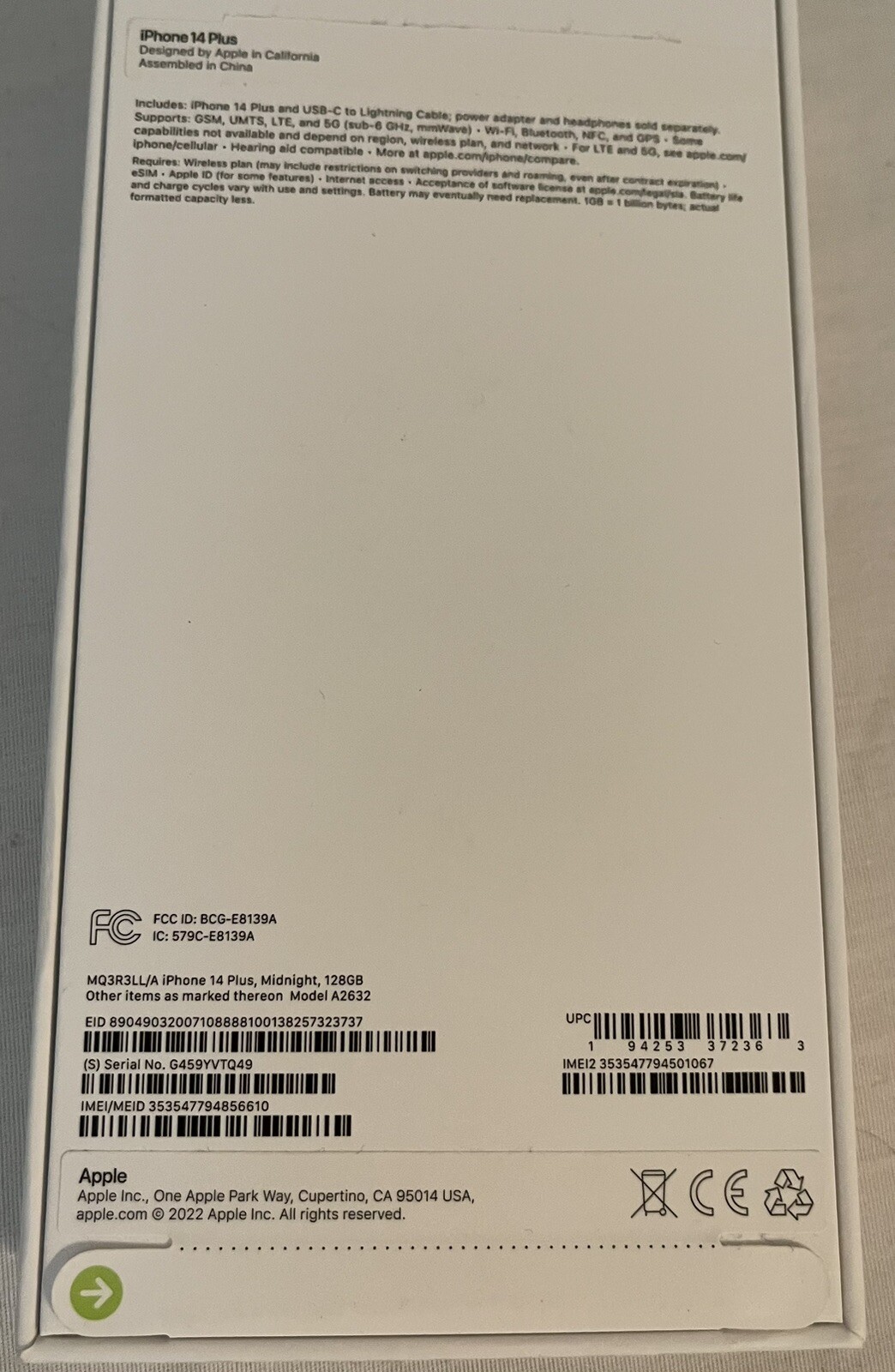 Apple iPhone 14+ 128 GB MIDNIGHT BOX ONLY with Apple Sticker & Inserts ...