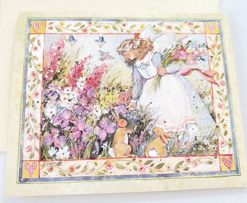 Susan Winget Blank Note Card Blossoms Abound Angel Bunnies Flowers Old ...