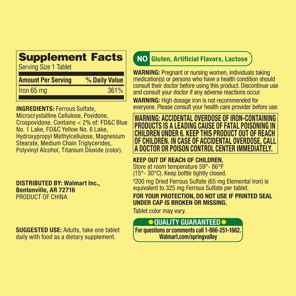 Spring Valley Iron 65 Mg, 200 Ct Total Tablets Pills Tablet | eBay