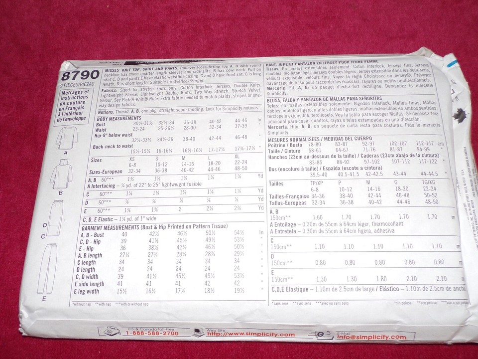 🦋 SIMPLICITY #8790 - LADIES ( 2 HOUR ) CASUAL TOPS & BOTTOMS PATTERN XS ...