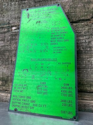 Sling and Tie Down DATA PLATE M1038 HMMWV M998 Troop Carrier | eBay