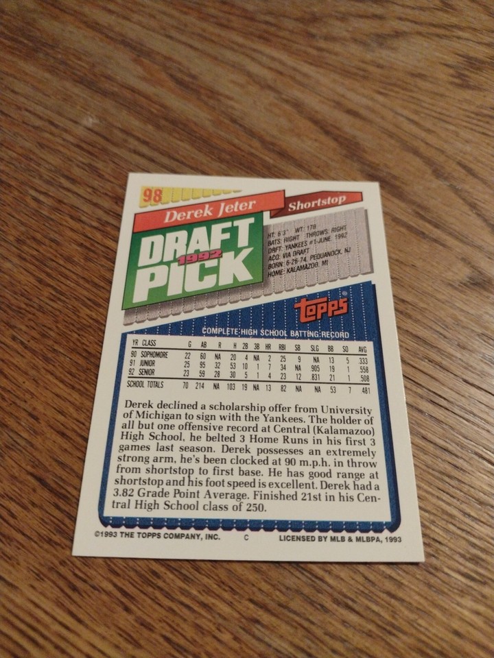1993 TOPPS 1992 DRAFT PICK OF DEREK JETER - NEW YORK YANKEES CARD # 98 ...