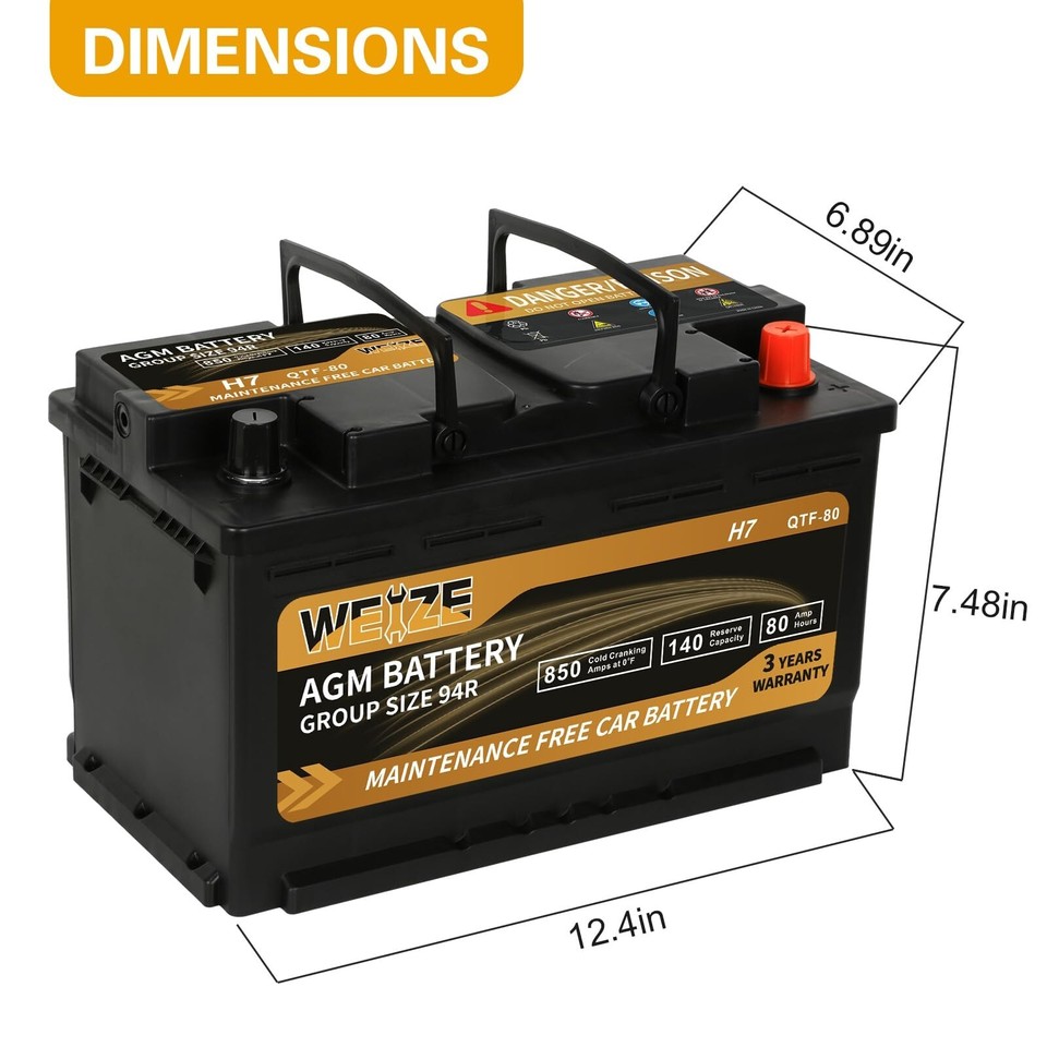 WEIZE AGM Battery Group 94R 12V 80Ah H7 Size 94R Rechargable Automotive ...