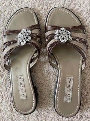 Brighton Bronze/Brown/Silver Flower Medallion Leather Flat Sandals Sz 8 ...