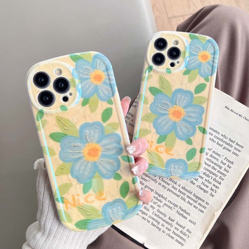 For iPhone 15 14 13 ProMax Stylish Oval Bezel Blue Light Flower Model ...