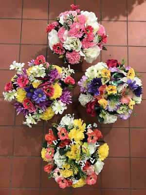 1x Artificial Flowers Cemetery Arrangement In Grave Pot Round Posy ...