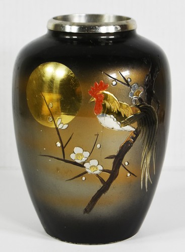 7" Vintage Japanese Asian Metal Vase Urn Sun Inlay Cherry Flowers ...