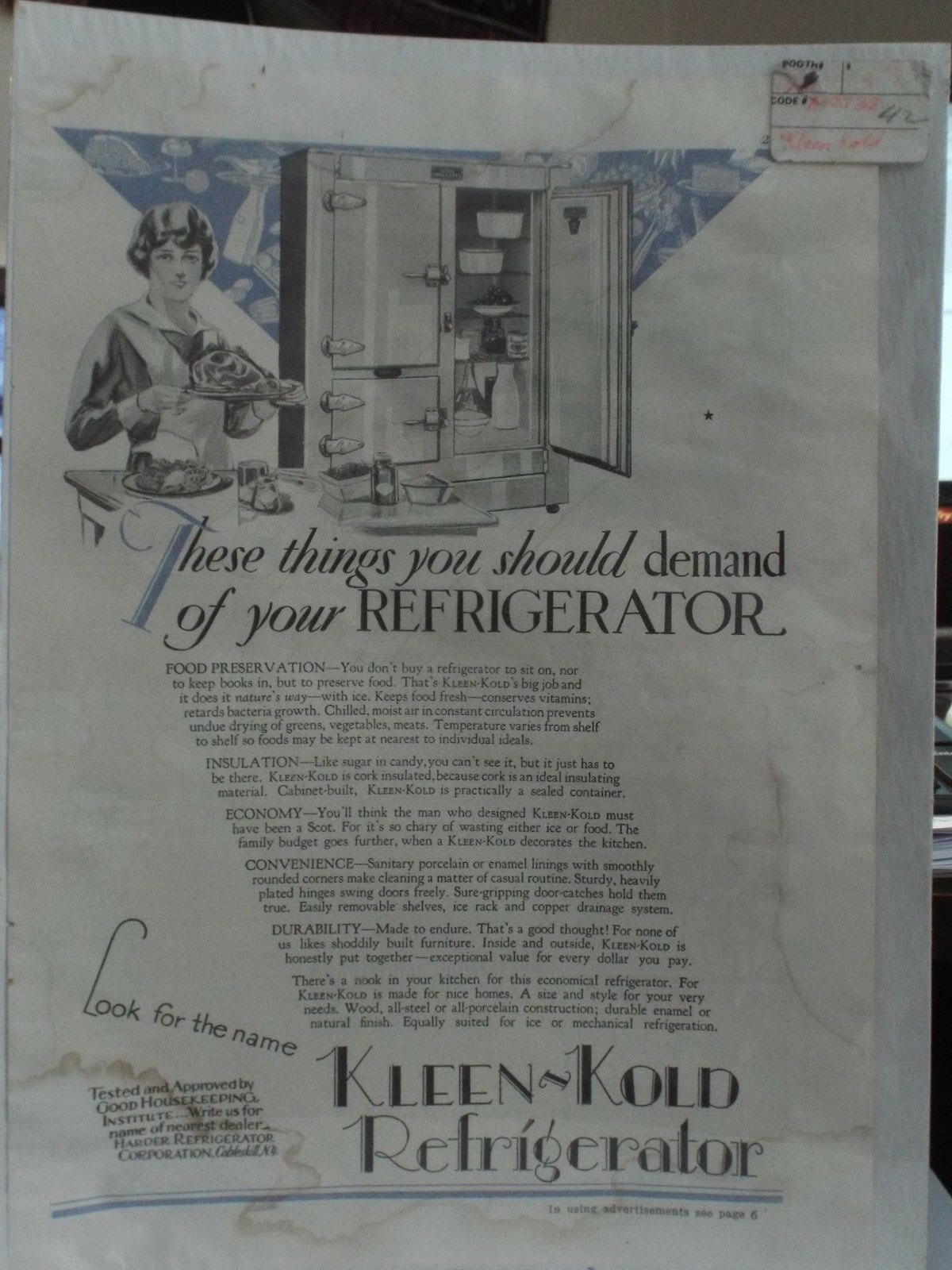 Vintage Kleen Kold Refrigerator Advertisement Ad Covered 1920's ...