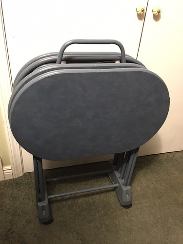 Four Vintage Cosco Folding TV Tray Tables With Rolling Rack In Blue | eBay