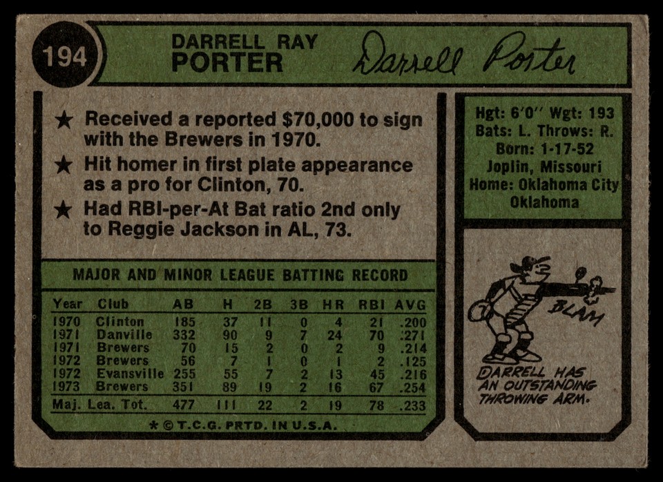 1974 Topps Darrell Porter #194 Milwaukee Brewers Baseball Card | eBay