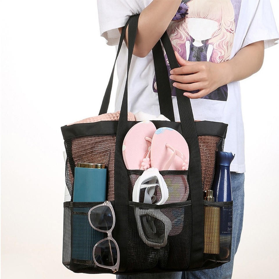 Large Mesh Beach Bag Multi-pocket Beach Tote Beach Toy Pouch Travel ...