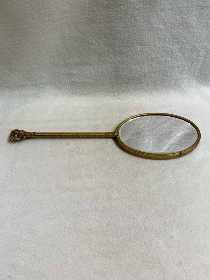 Vintage Long Handled Oval Shaped Gold Hand Mirror with Leaf Design | eBay