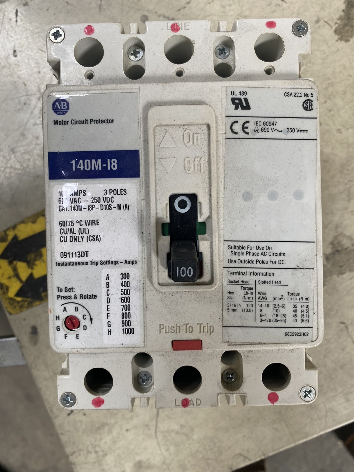 NEW ALLEN-BRADLEY MOTOR CIRCUIT PROTECTOR 140M-I8P-D10-CXM BREAKER 100A ...