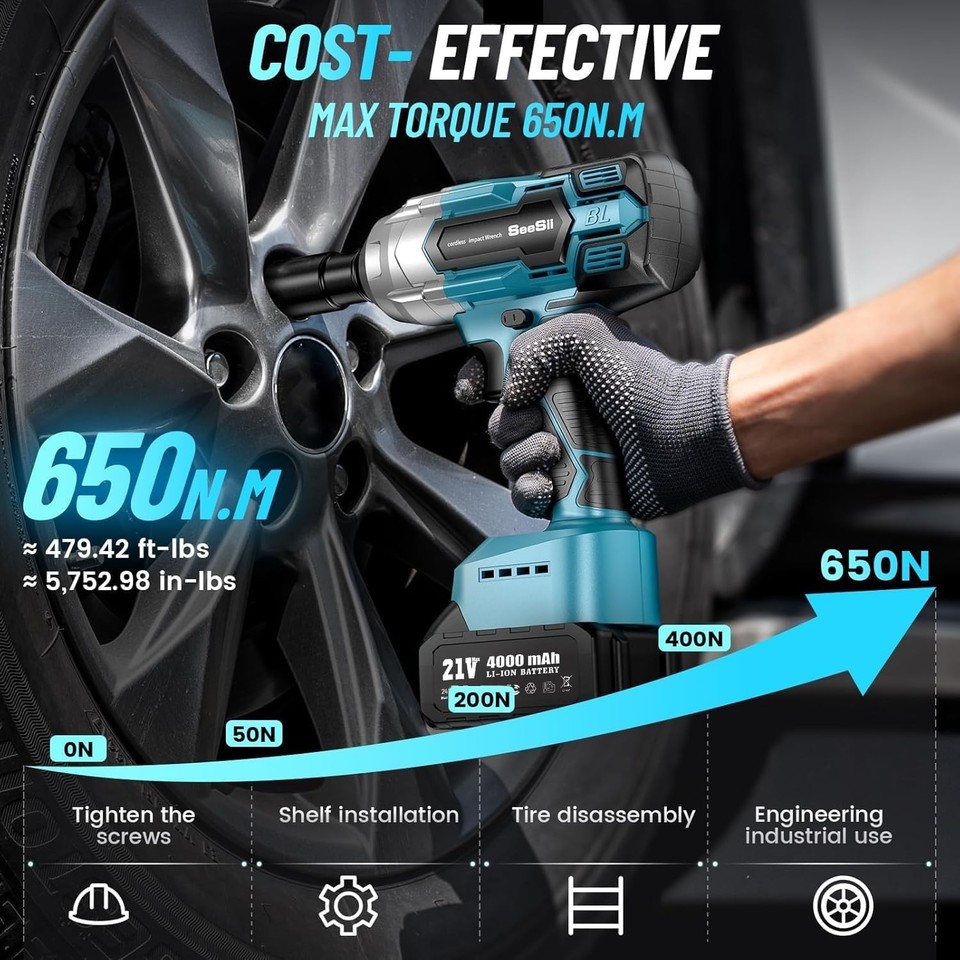 Seesii Cordless Impact Wrench 1/2" High Torque Electric Brushless ...