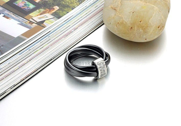 Black Ceramic Rope Rolling Ring Silver/ Gold Tone Tricyclic Engagement ...