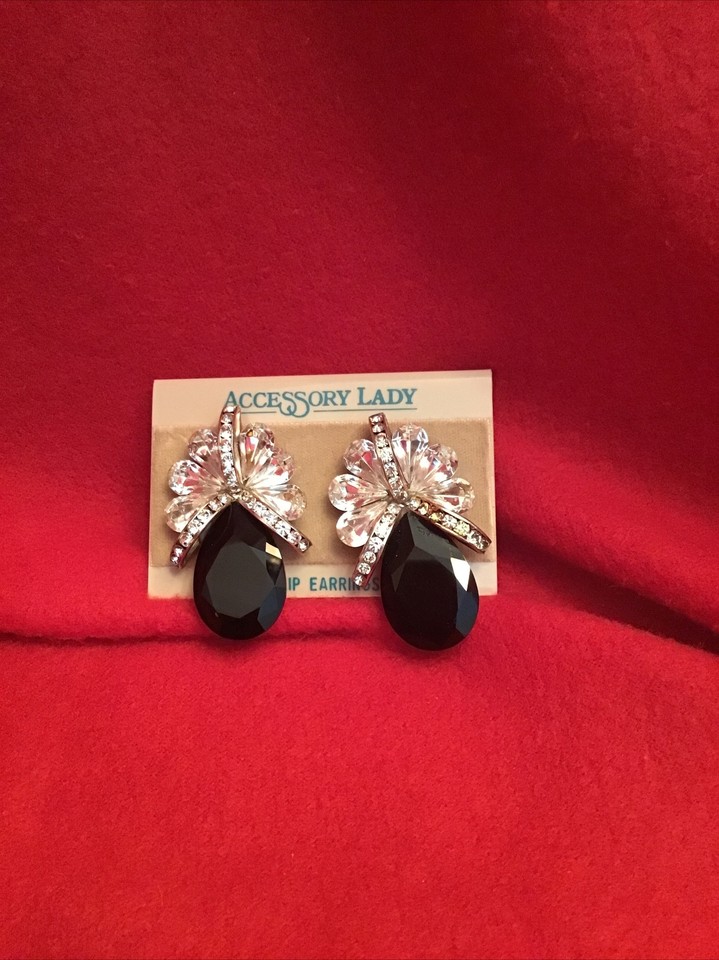 Vintage Accessory Lady Large Chunky Black & Clear Crystal & Rhinestones ...