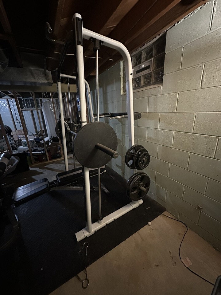 Smith Machine With 335 Pounds Of Weights + Free Weight Bar + Bench + 2 ...