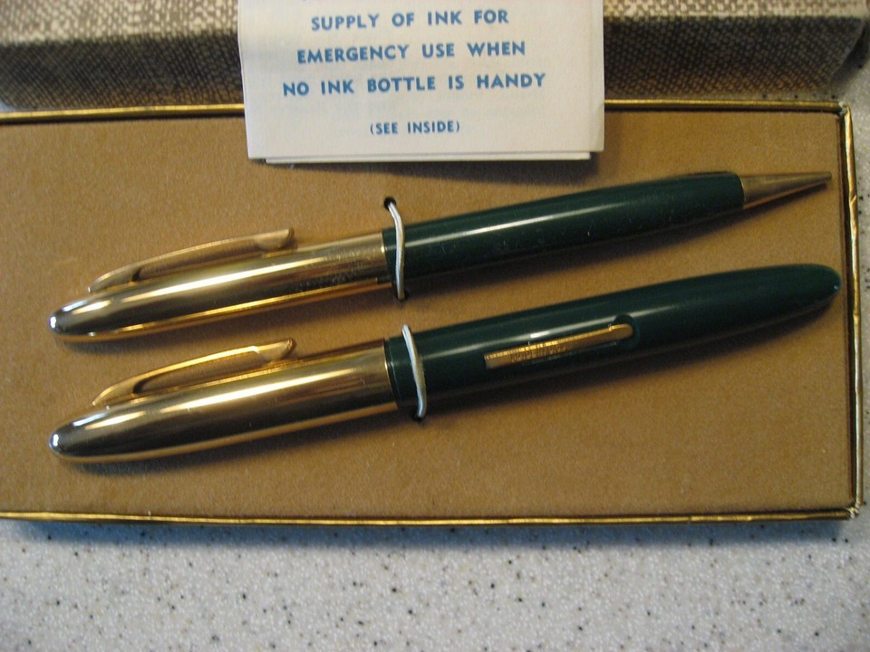 Vintage New in Box Scripto Pen and Pencil Green and Gold Desk Set | eBay