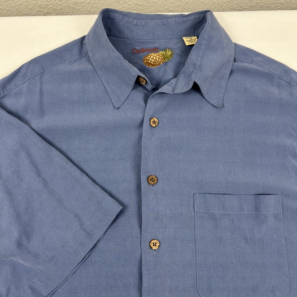 Caribbean Shirt Men’s XLT 100% Silk Blue Short Sleeve Button Up Casual ...