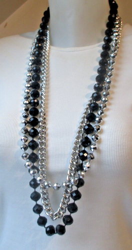 collier 3 rangs perles résine argent noir fermoir clip bijou vintage de ...
