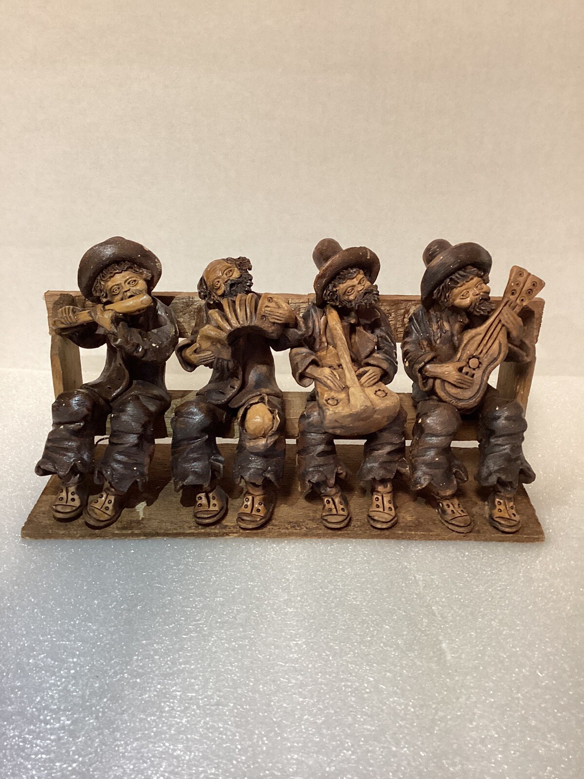 Vintage Handmade Clay Art 4 Hobos Musicians Playing On A Bench 4.5 X 9 ...