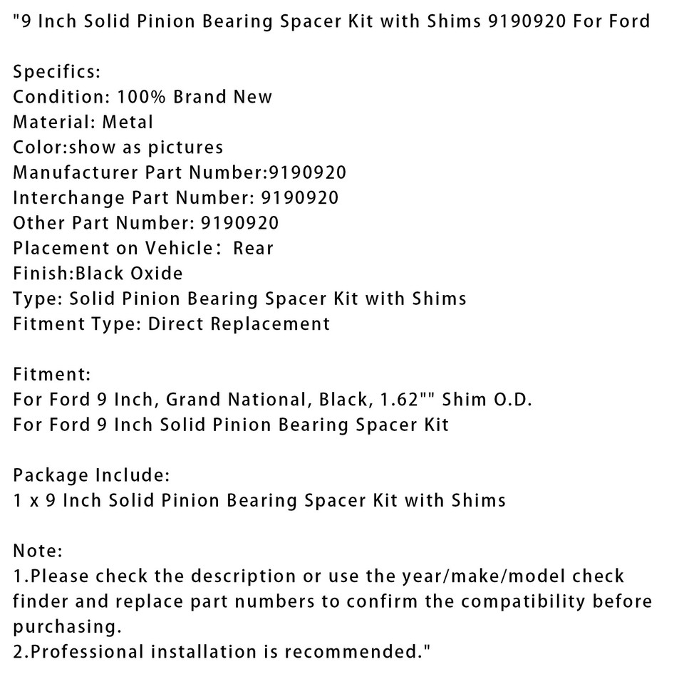 🚀9 Inch Solid Pinion Bearing Spacer Kit with Shims 9190920 For Ford | eBay