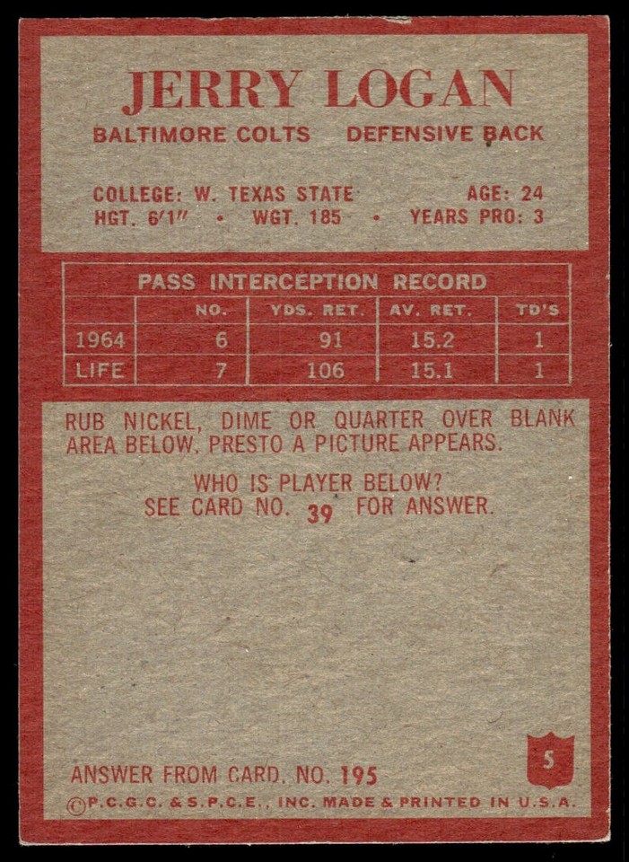 1965 Philadelphia Jerry Logan Baltimore Colts #5 | eBay