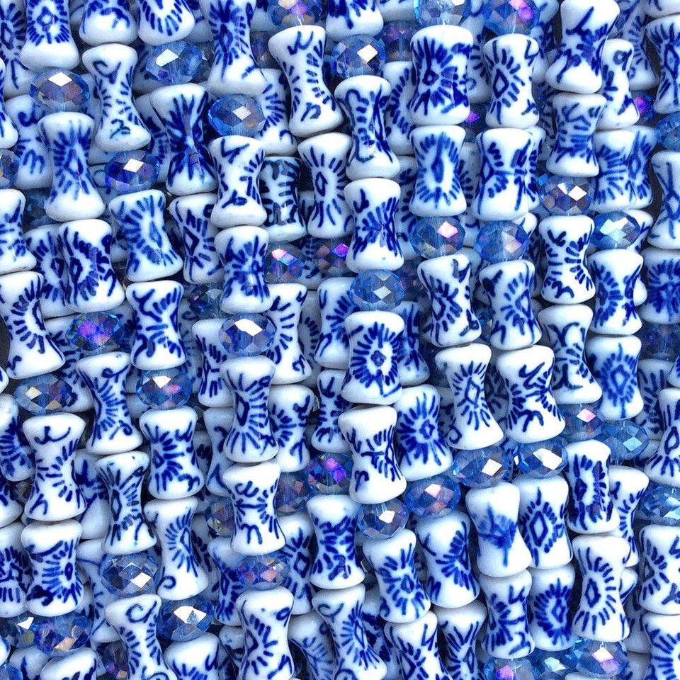 Blue White China Diamond Motif 13x8mm Hourglass Ceramic Beads Q2 ...