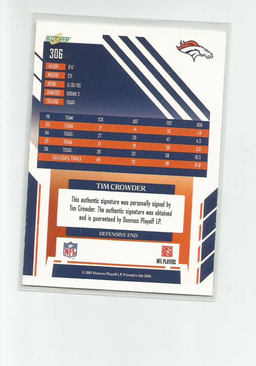 2007 SCORE INSCRIPTIONS #306 TIM CROWDER AUTO | eBay