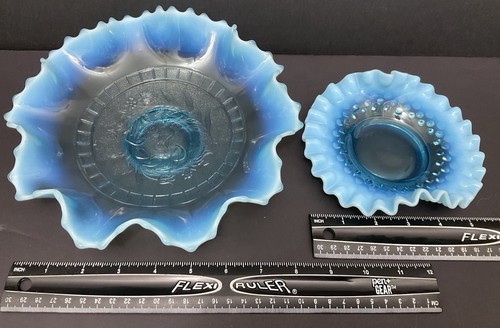 Vintage Antique Glass Aqua Blue Opalescent Frosted Ruffled Edge Bowls ...
