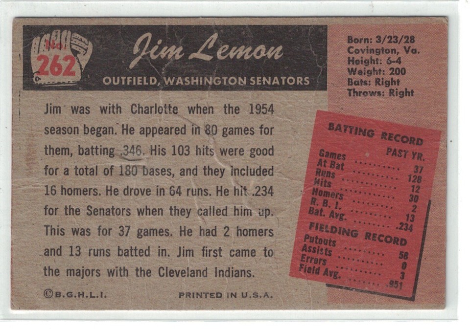 1955 BOWMAN #262, Jim Lemon, Washington Senators, Low Grade | eBay