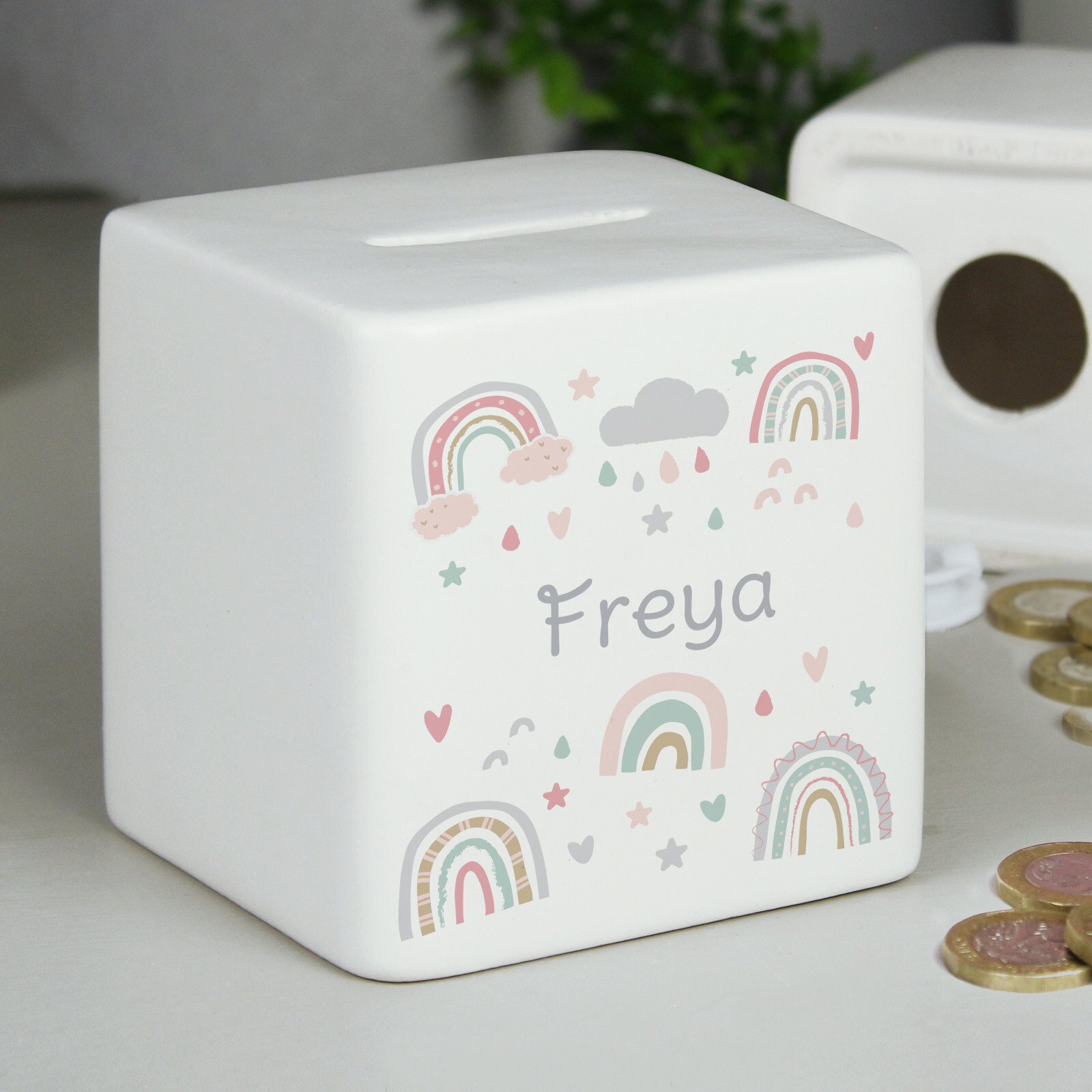 Personalised Girls Money Box Rainbow Ceramic Childrens Piggy Bank ...