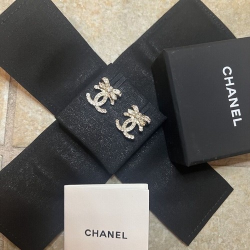 Authentic Chanel 2023 CC Logos RHINESTONES Bow Stud Gold Tone Earrings ...