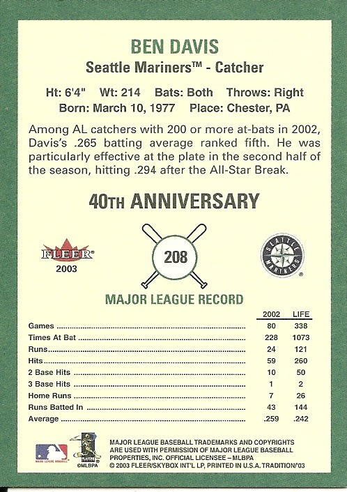 2003 Fleer Tradition Ben Davis 208 Mariners | eBay