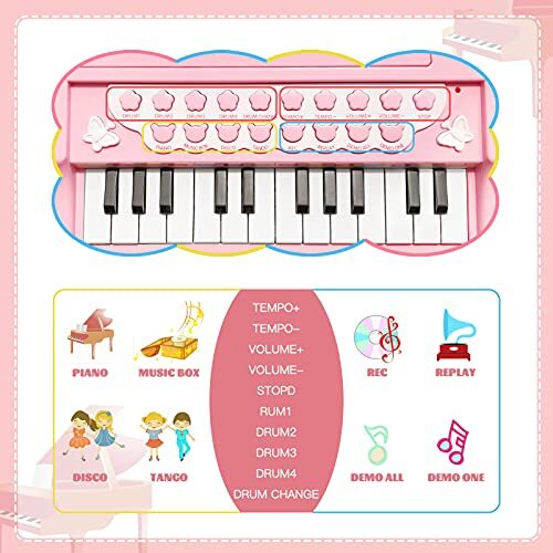 Love&Mini Piano Toy Keyboard for Kids Birthday Gift Age 1+ Pink 24 Keys ...