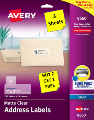 [3 Sheets] Avery 8660 Matte Clear Mailing Labels 1 x 2 5/8 INKJET B2G1 ...