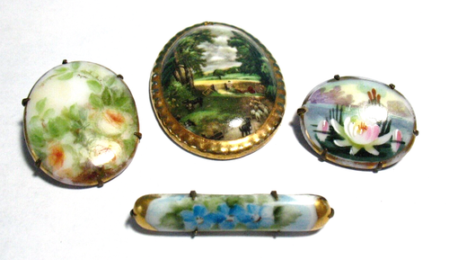 ANTIQUE JEWELRY LOT 4 PIECES HANDPAINTED FLORALS PLUS ONE SCENE PINS ...