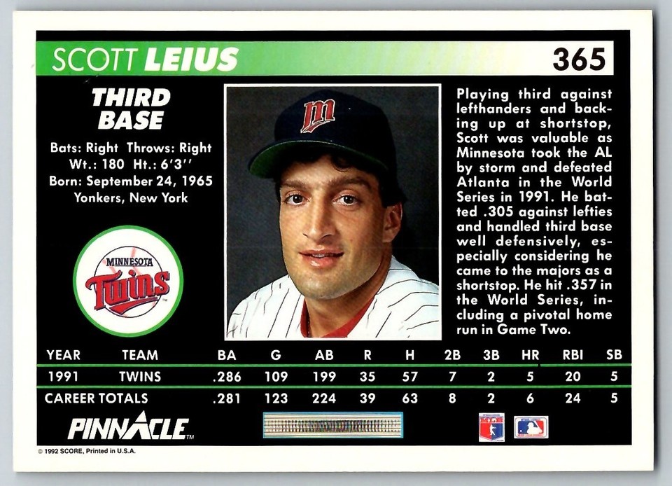 1992 PINNACLE SCOTT LEIUS MINNESOTA TWINS #365 | eBay