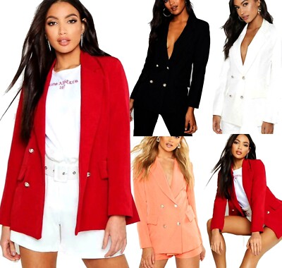Womens Ladies Gold Button Double Breasted Duster Coat Jacket Blazer ...