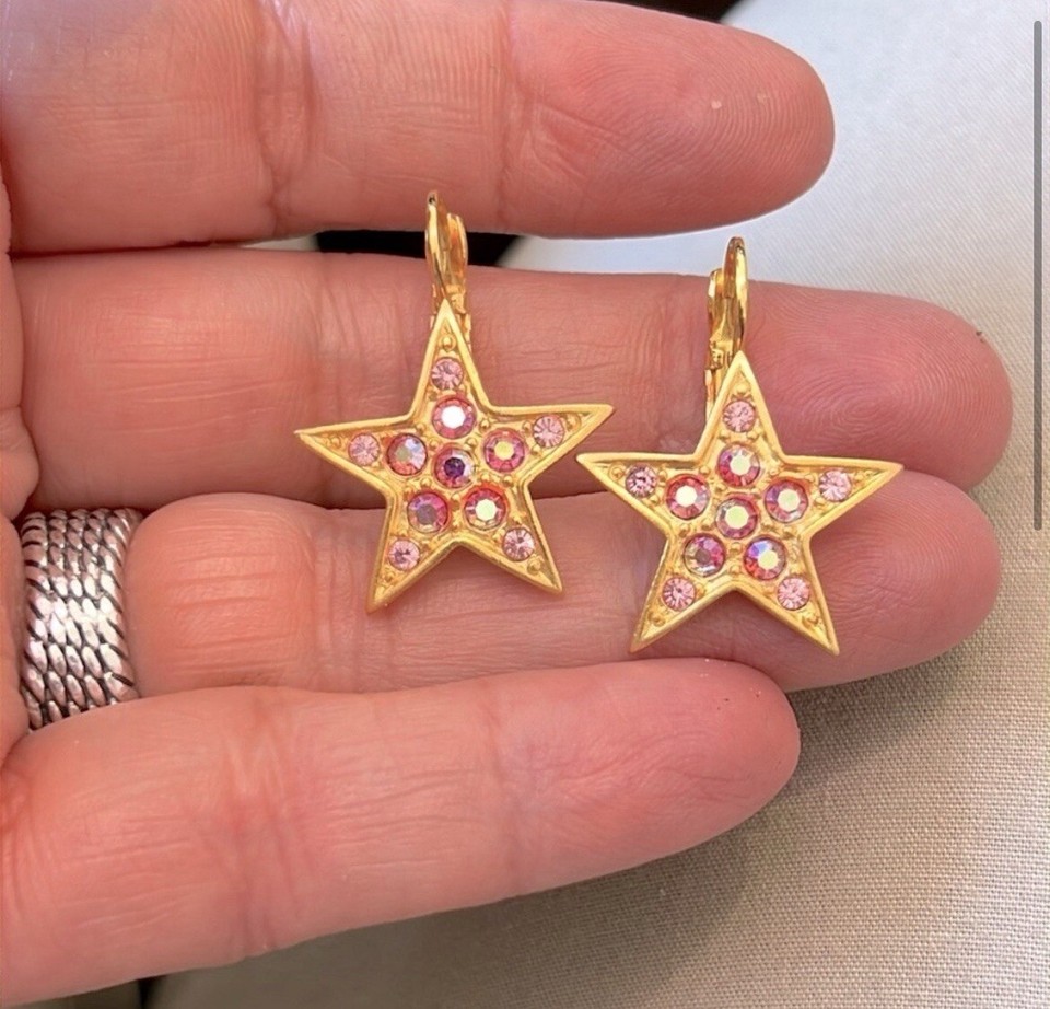 KIRKS FOLLY GOLD w/PINK BOREALIS CRYSTALS STAR EARRINGS | eBay UK