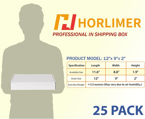 HORLIMER 12x9x2 inches Shipping Boxes Set of 25, White Corrugated ...