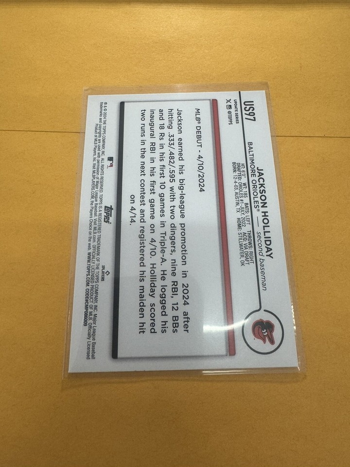 🔥 2024 Topps Update Series US-97 Jackson Holliday Orioles Rookie Debut ...