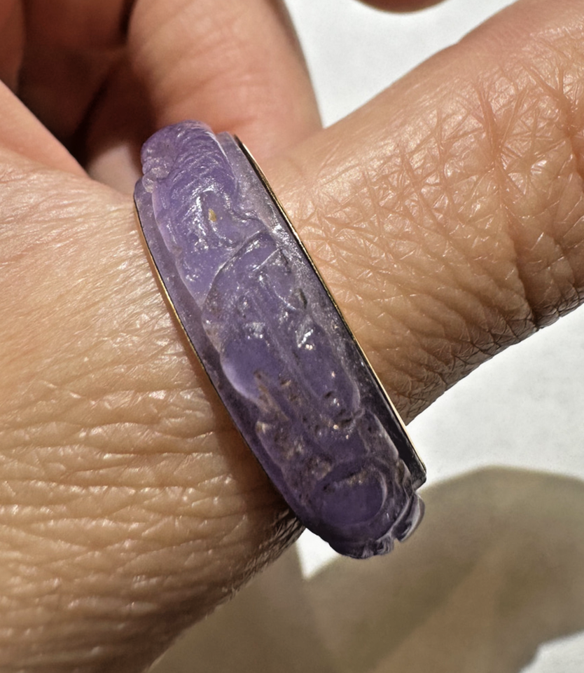 QVC Hallmarks 14k Gold Lavender Celadon Carved Jade Dragon Band Sz 11.5 ...