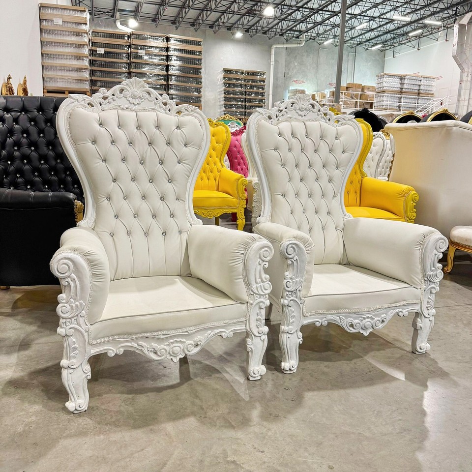 French Style White Leather Throne Chair Midsize Tufted Chair | eBay