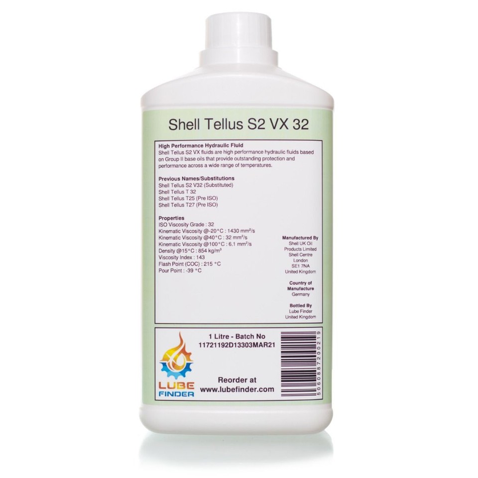 1L Shell Tellus S2 VX 32 (Tellus V32/T25/T27) ISO VG 32 Hydraulic Fluid ...