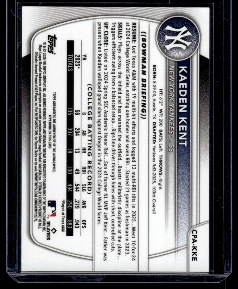 KAEDEN KENT 2025 BOWMAN DRAFT CHROME AUTO | eBay